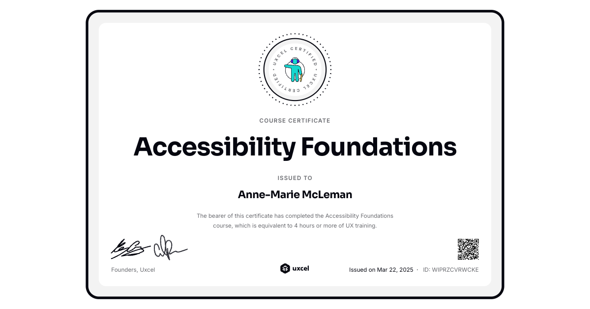 Certificate of completion for Accessibility Foundations | Uxcel